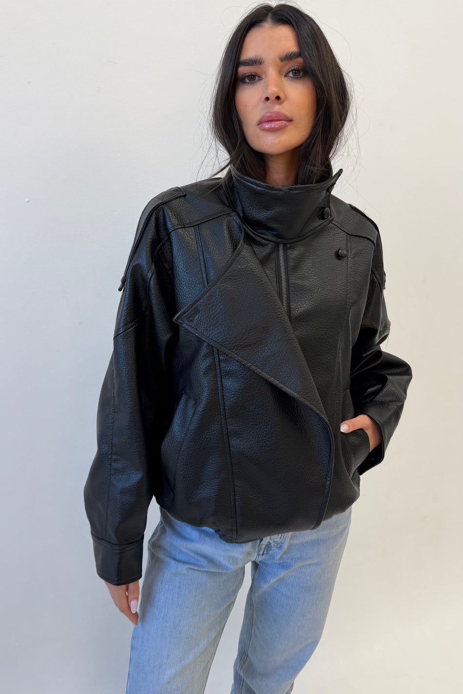 IMANI Oversized PU Leather Funnel Neck Jacket In Black – CARAMELLA